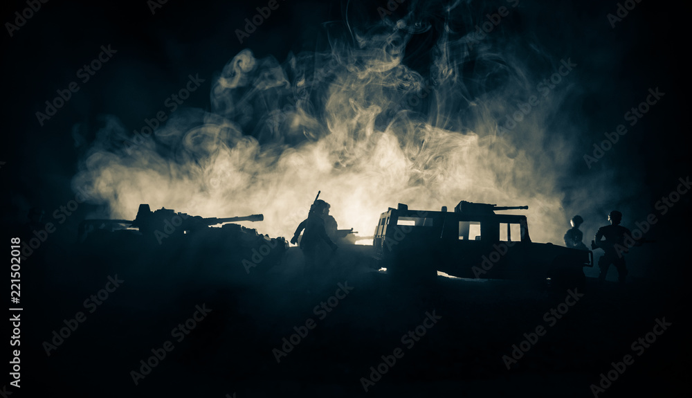 War Concept. Military silhouettes fighting scene on war fog sky ...