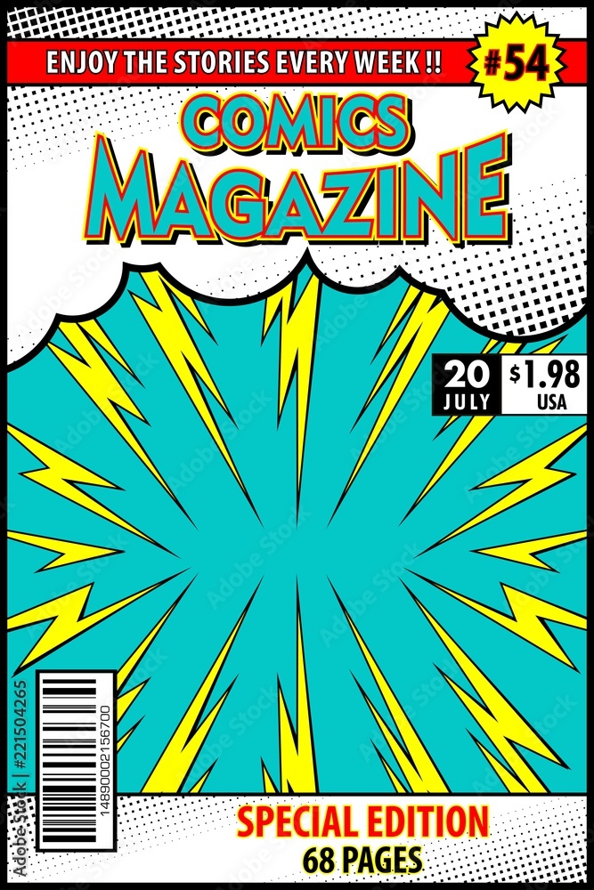 Comic book cover. Background blue and rays yellow. Stock Vector | Adobe ...
