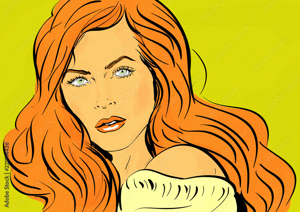 pop art portrait jeune femme glamour cheveux roux,visage,action ...