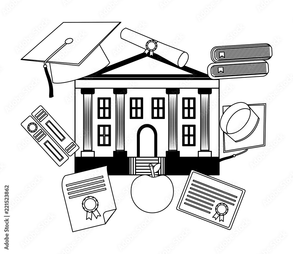 school building with set education icons Stock Vector | Adobe Stock