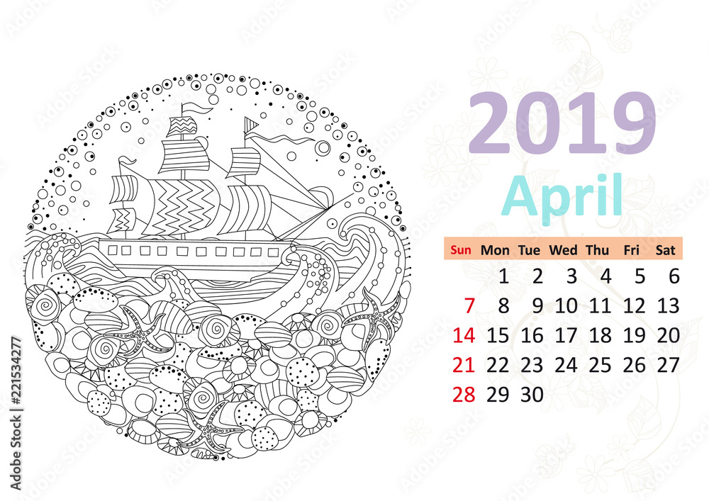 Happy coloring page. Calendar for 2019, april Stock Vector | Adobe Stock