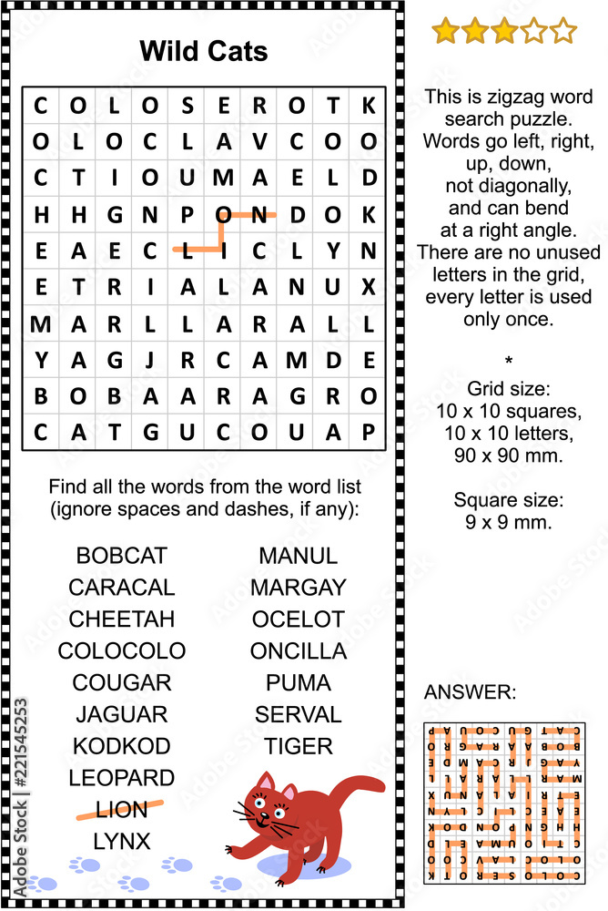 Wild cats themed zigzag word search puzzle (suitable both for kids and ...