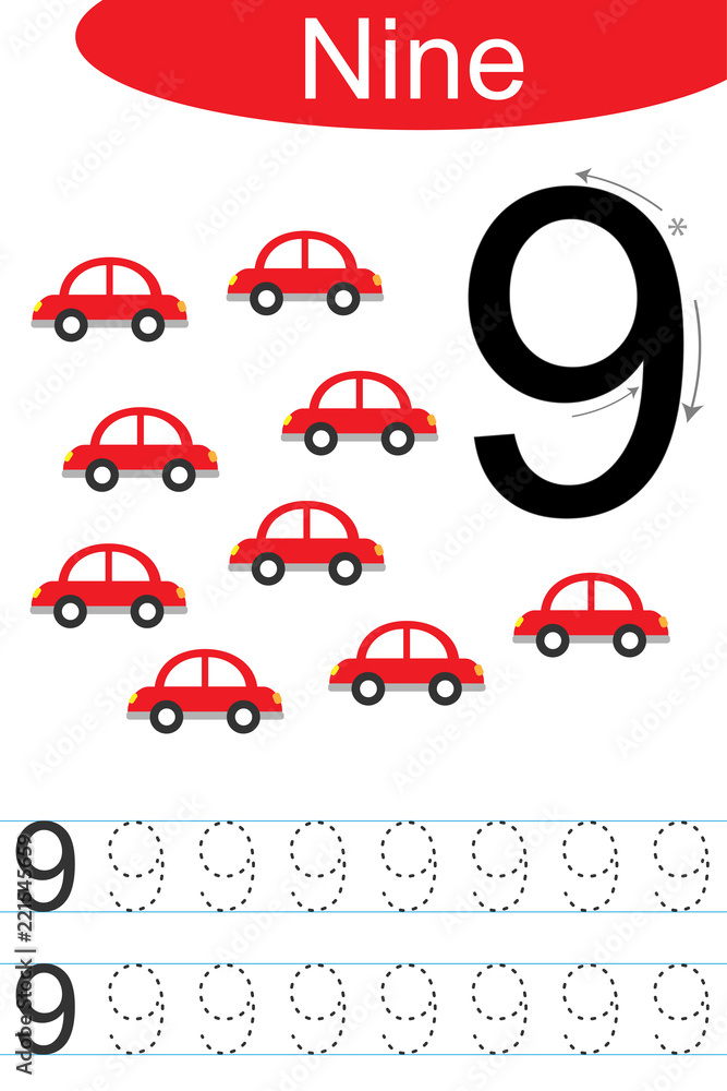 Number nine, handwriting tracing practice sheet, writing training for ...