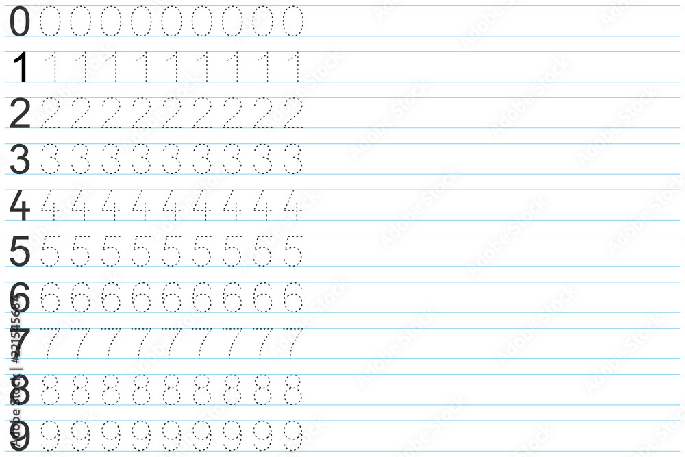 Vetor de Numbers from 0 to 9, handwriting tracing practice sheet ...