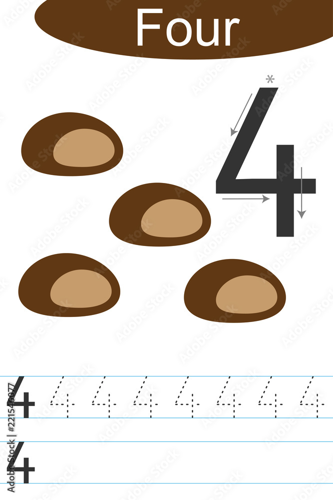 Number four, handwriting tracing practice sheet, writing training for ...