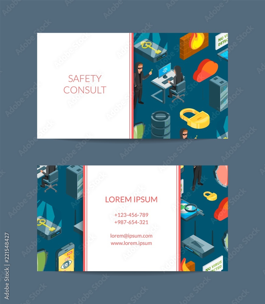 Vector isometric data and computer safety icons business card template ...