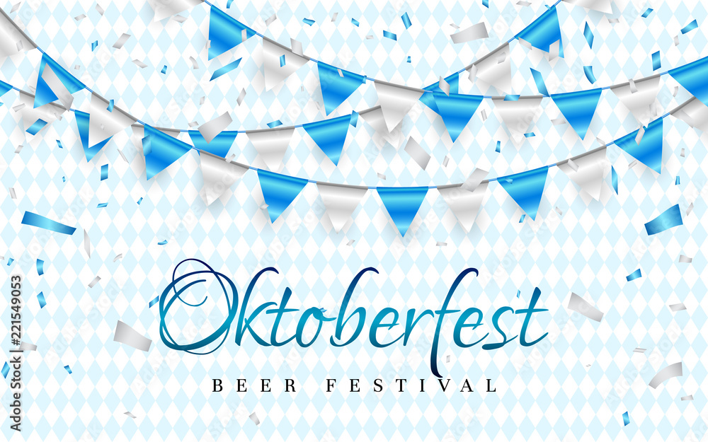 October fest Celebration party banner. Blue and white foil confetti and ...