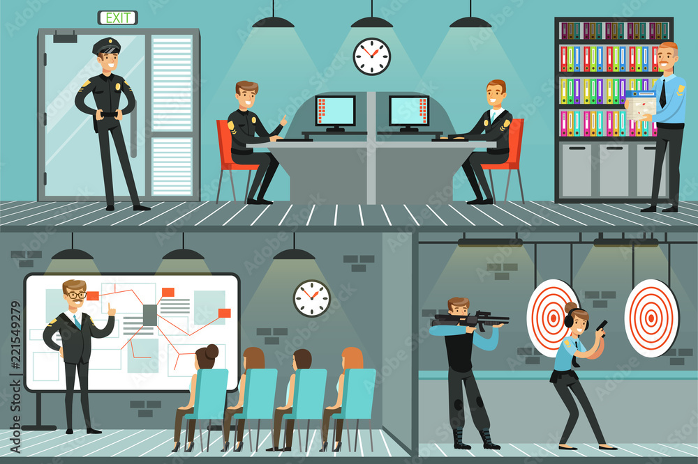 Police department set, policemen at work, investigating crimes ...