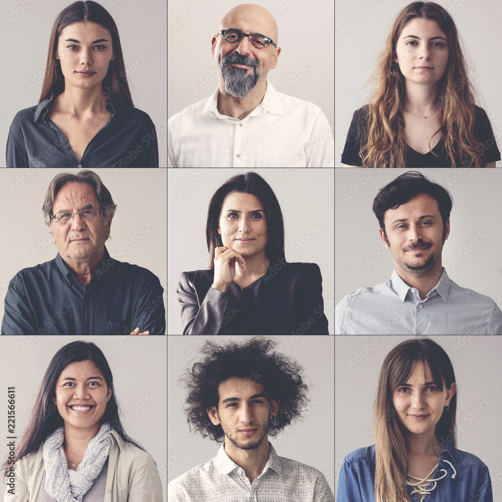 Foto de Collage of portraits smiling men and women do Stock | Adobe Stock