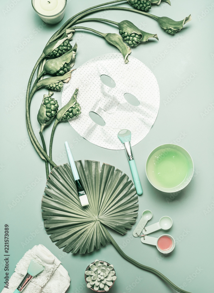 Natural cosmetic flat lay. Facial sheet mask for home facial skin care ...