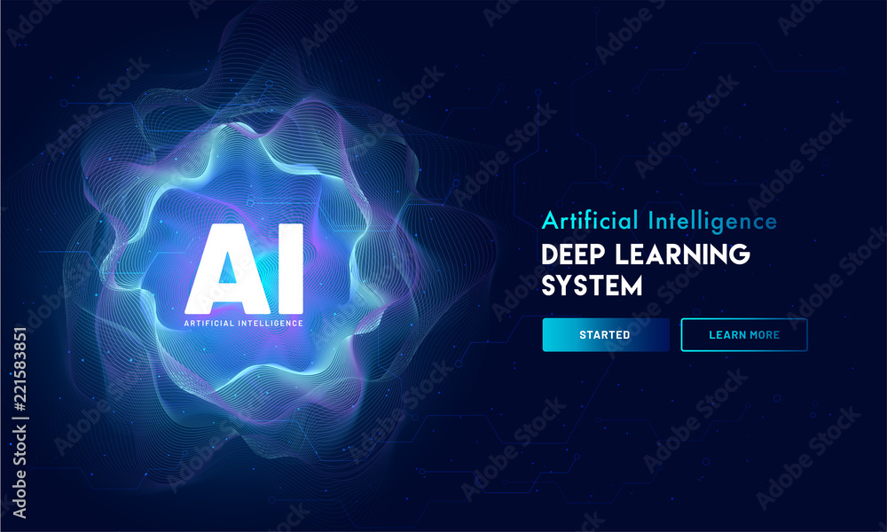 Artificial Intelligence (AI) landing page design, hi-tech blockchain network on neural network ...
