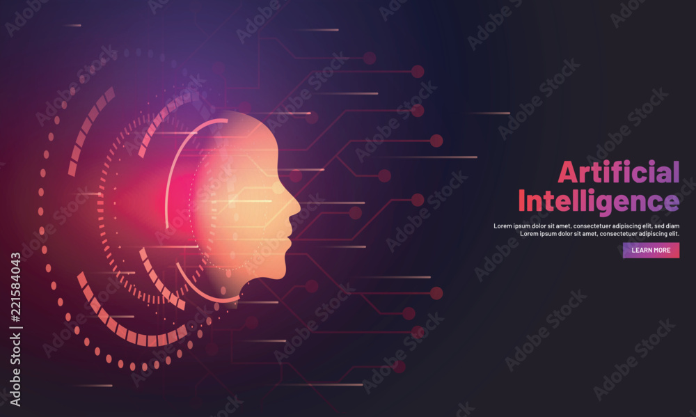 Responsive web banner design with illustration of human face on hi tech background for ...