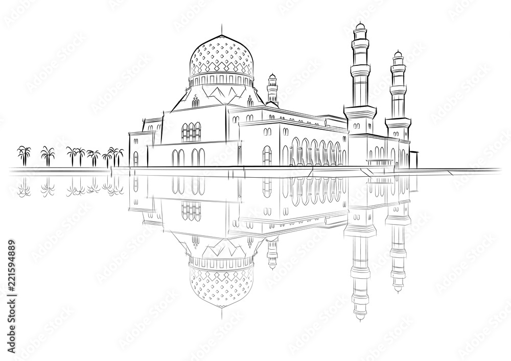 The Kota Kinabalu City Mosque black ink outline sketch illustration ...