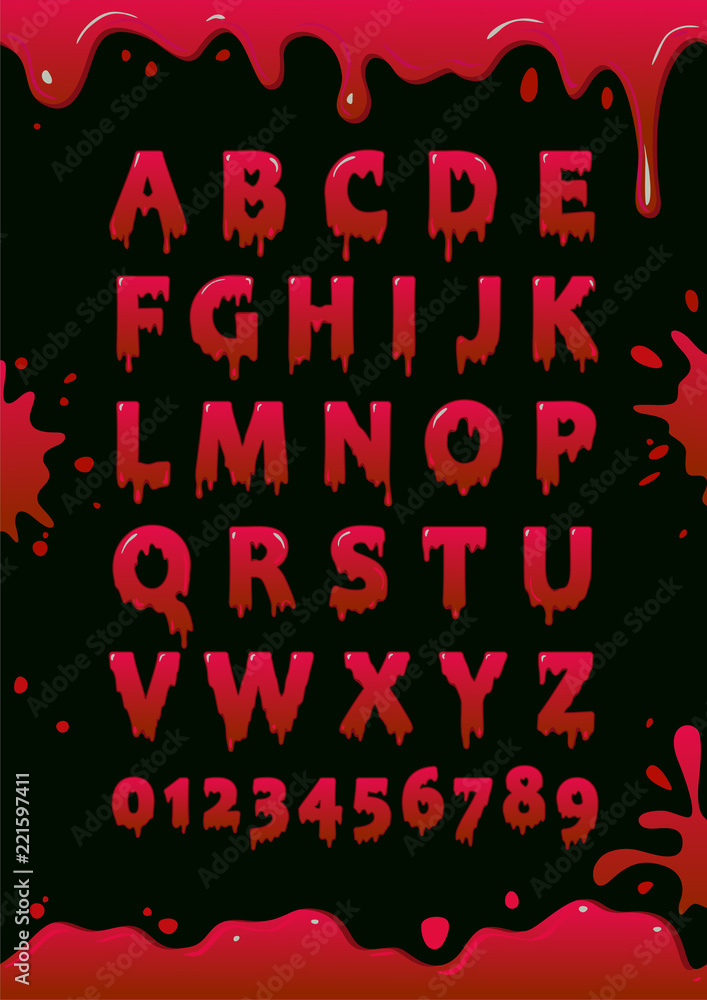 Font of blood. Blot alphabet. Letters and numbers with red slime ...