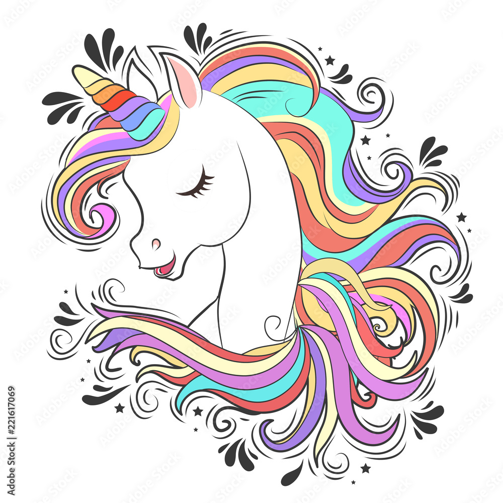 Cute White Unicorn with rainbow hair Stock-Vektorgrafik | Adobe Stock