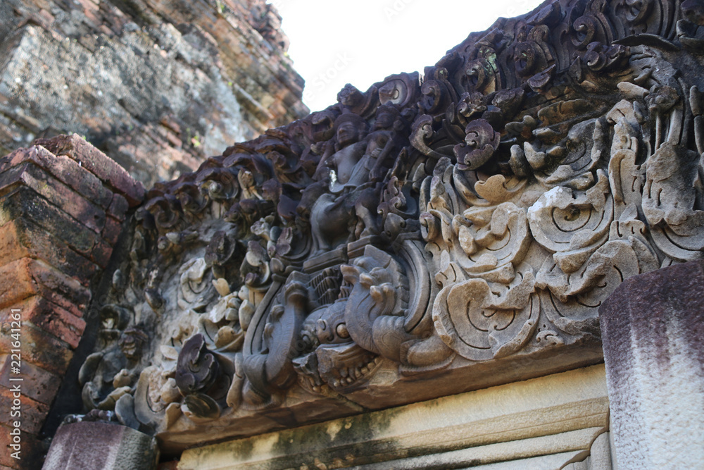 Stone lintel carved over the ruin door of Prang Song Phi Nong in ...