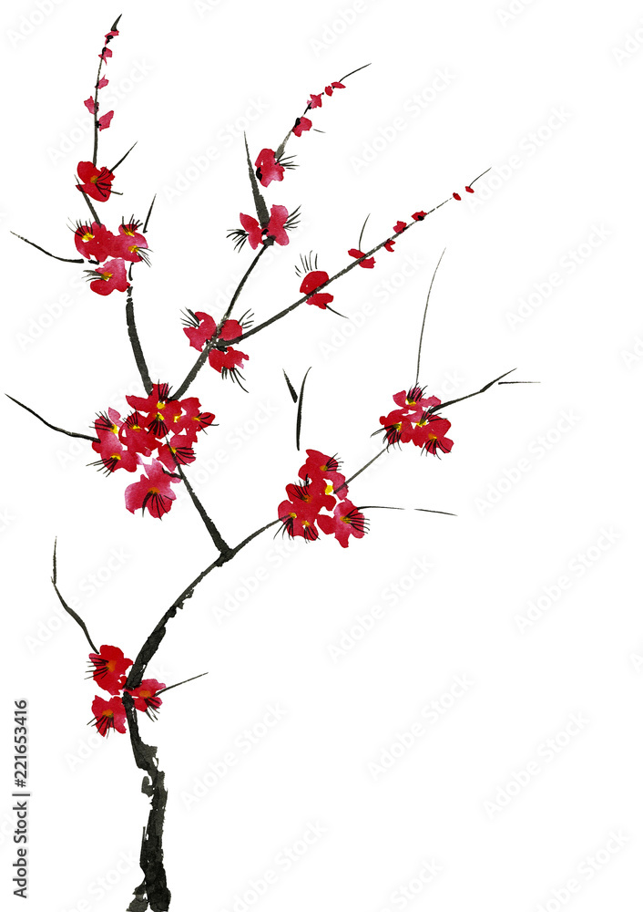 A branch of a blossoming tree. Pink and red stylized flowers of plum ...