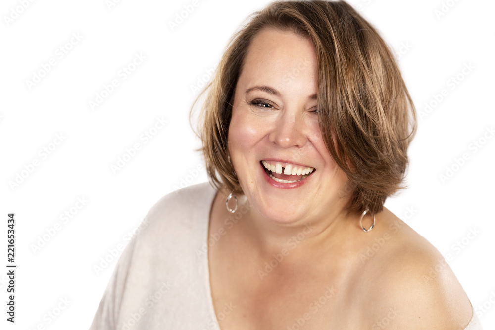 Cute fat woman laughing, gap between teeth, isolated on white ...