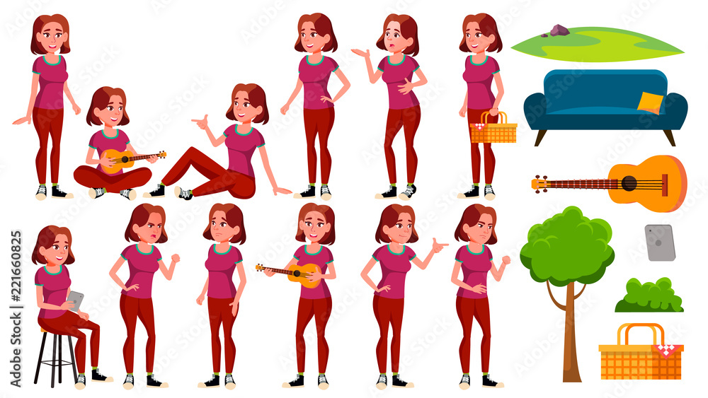Teen Girl Poses Set Vector. Fun, Cheerful. For Web, Poster, Booklet ...