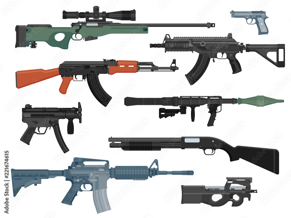 Set of weapons guns isolated on white background. Flat design. Vector ...