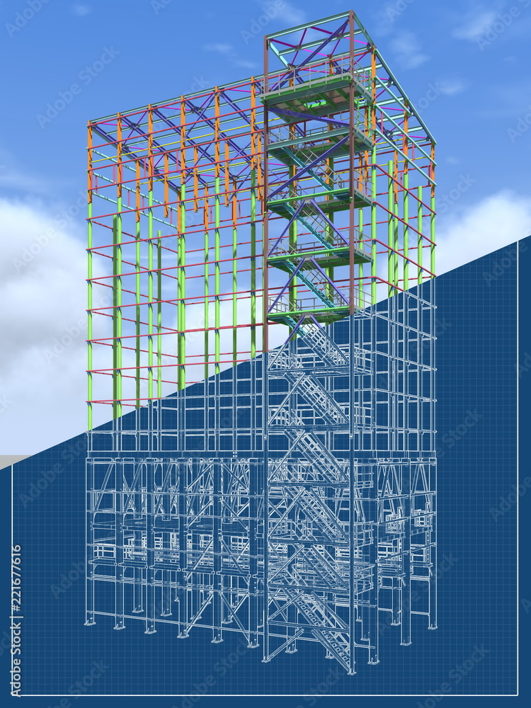 BIM model of a building made of metal structure. 3D architectural ...