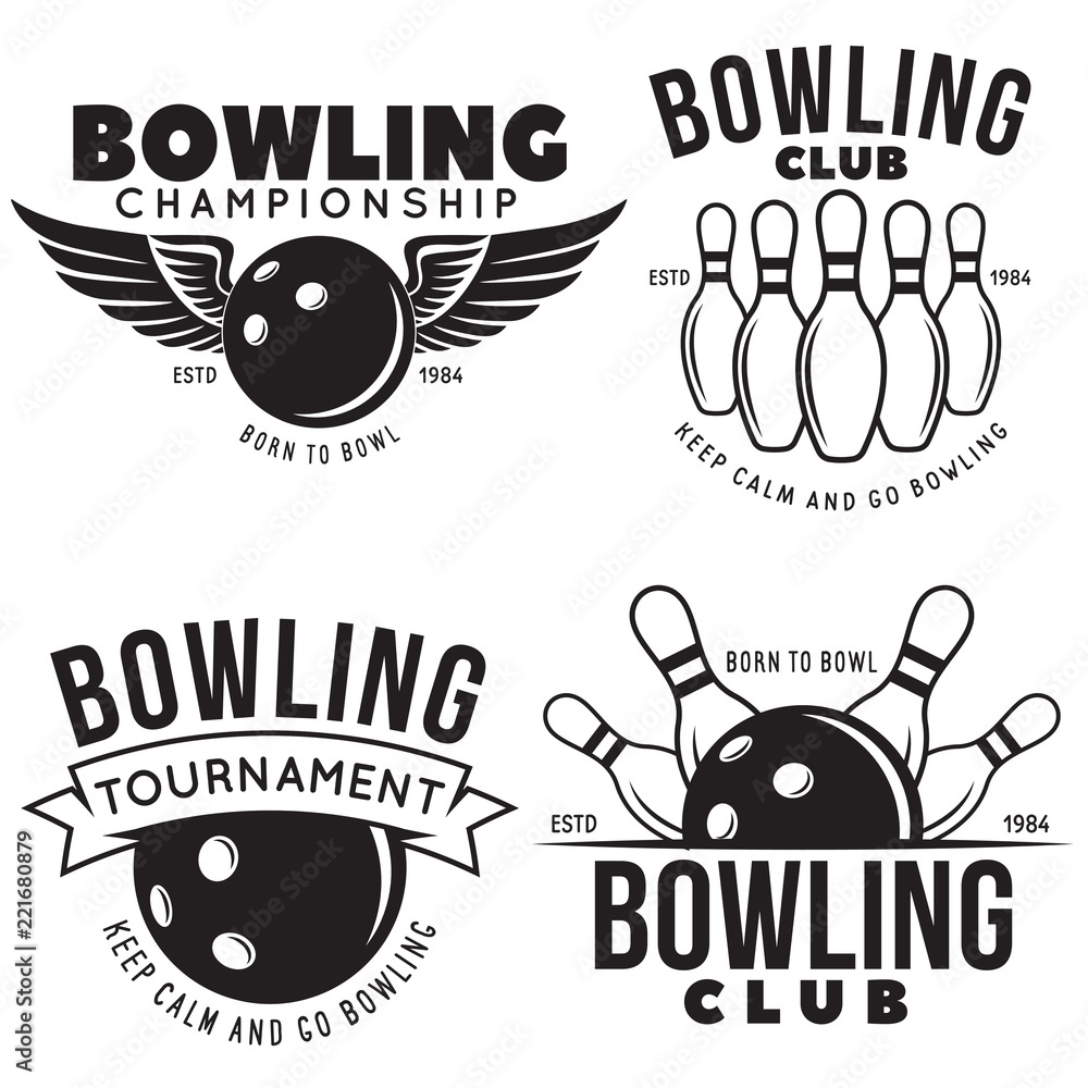 Set of vector vintage monochrome style bowling logo, icons and symbol ...