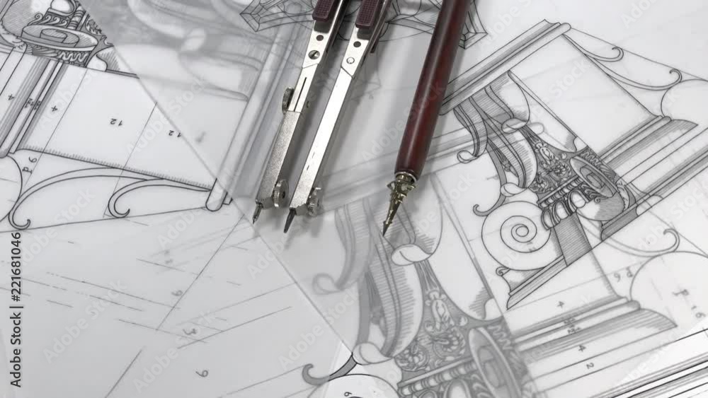 Blueprints - compass, fountain pen for calligraphy and drawing of the ...