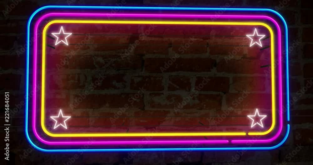 Neon background light frame on brick wall 4K loopable animation. 3D ...