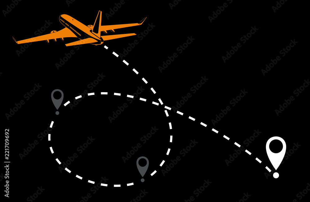Airplane line path vector icon of air plane flight route with start ...