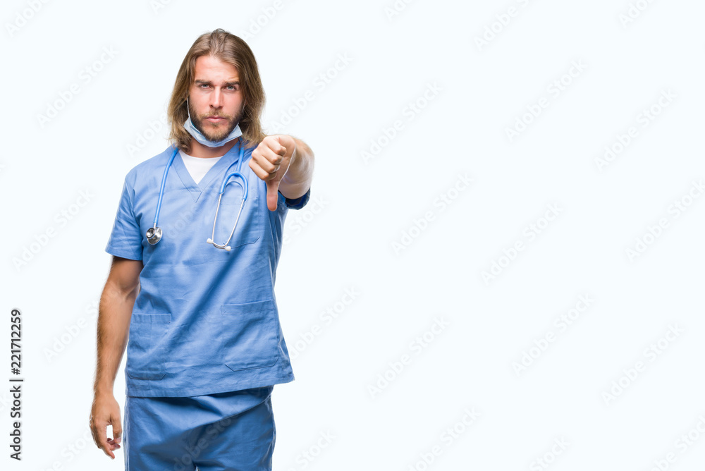 Young handsome doctor man with long hair over isolated background ...