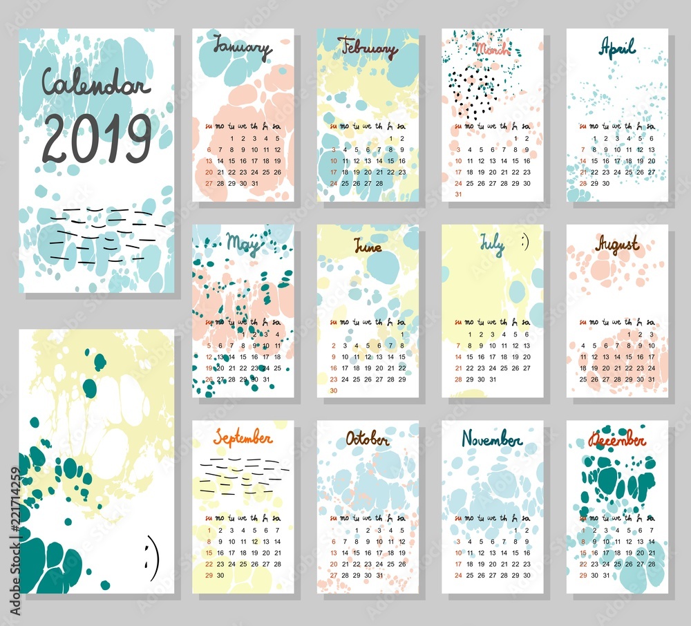 Hand drawing vector Calendar 2019. Abstract painting templates. Week ...