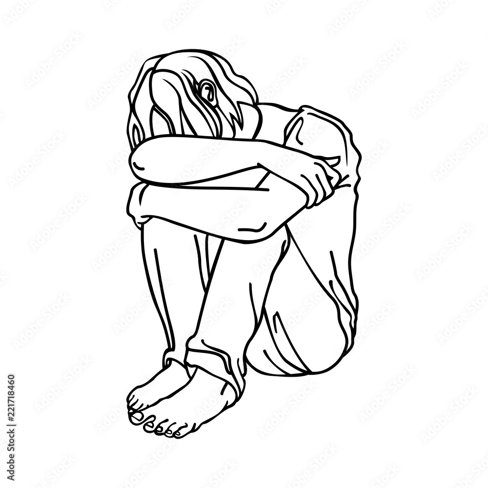 Sad man sitting with his hands around his knees. Stock Vector | Adobe Stock