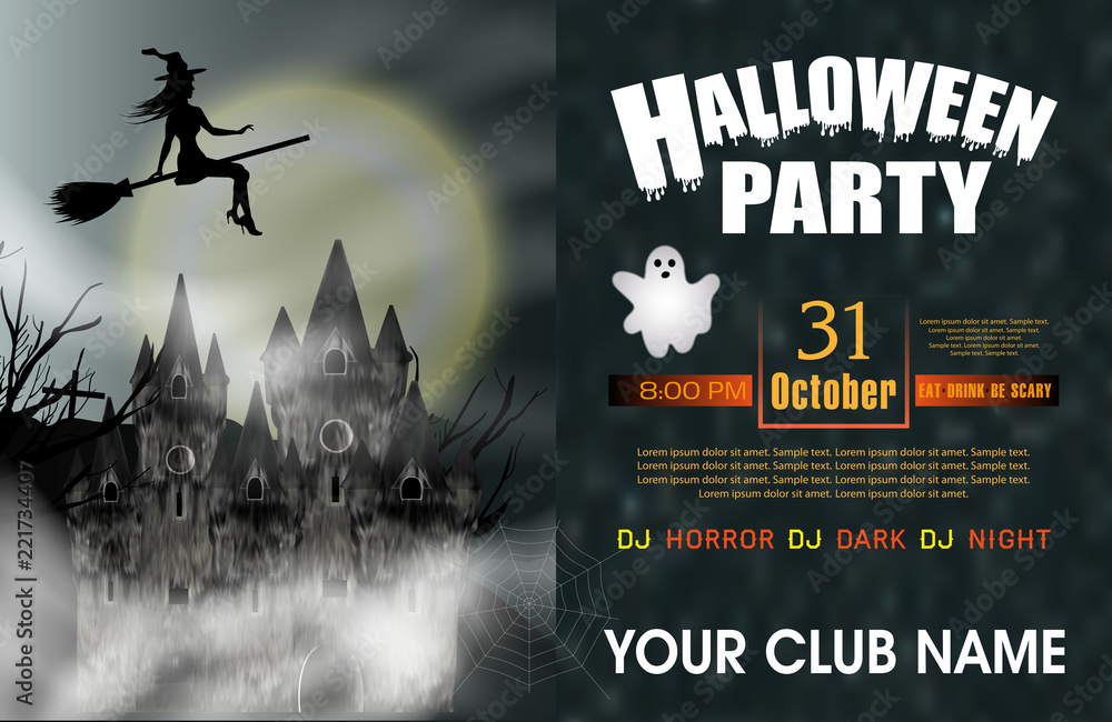 Halloween Party background with gothic castle, flying young witch ...