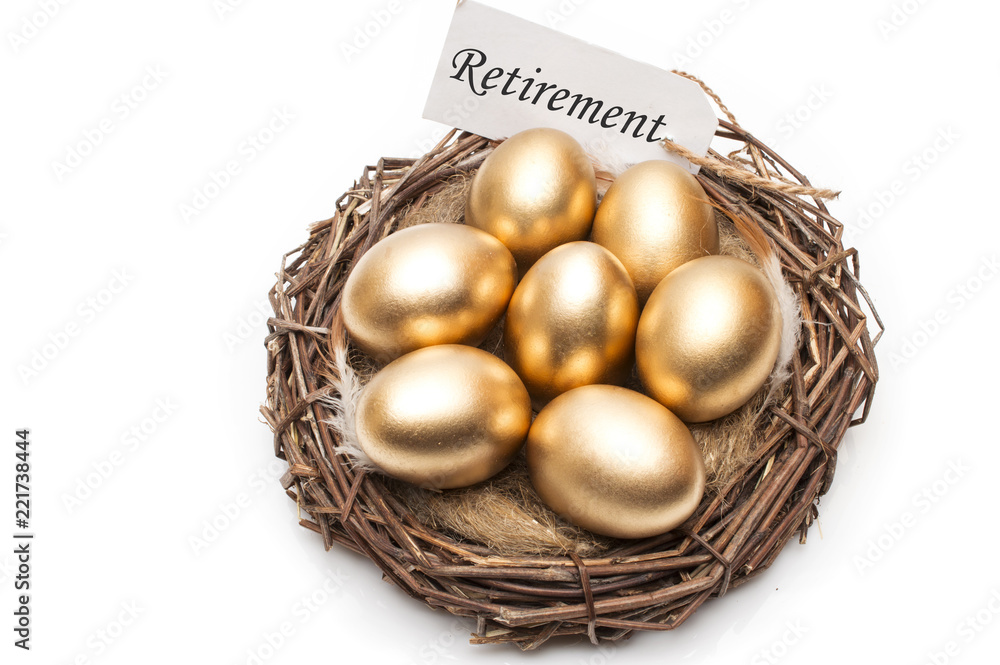 Nest with golden eggs with a tag and a word retirement on a white ...