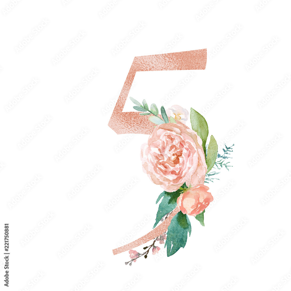 Peach Cream Blush Floral Number - digit 5 with flowers bouquet ...