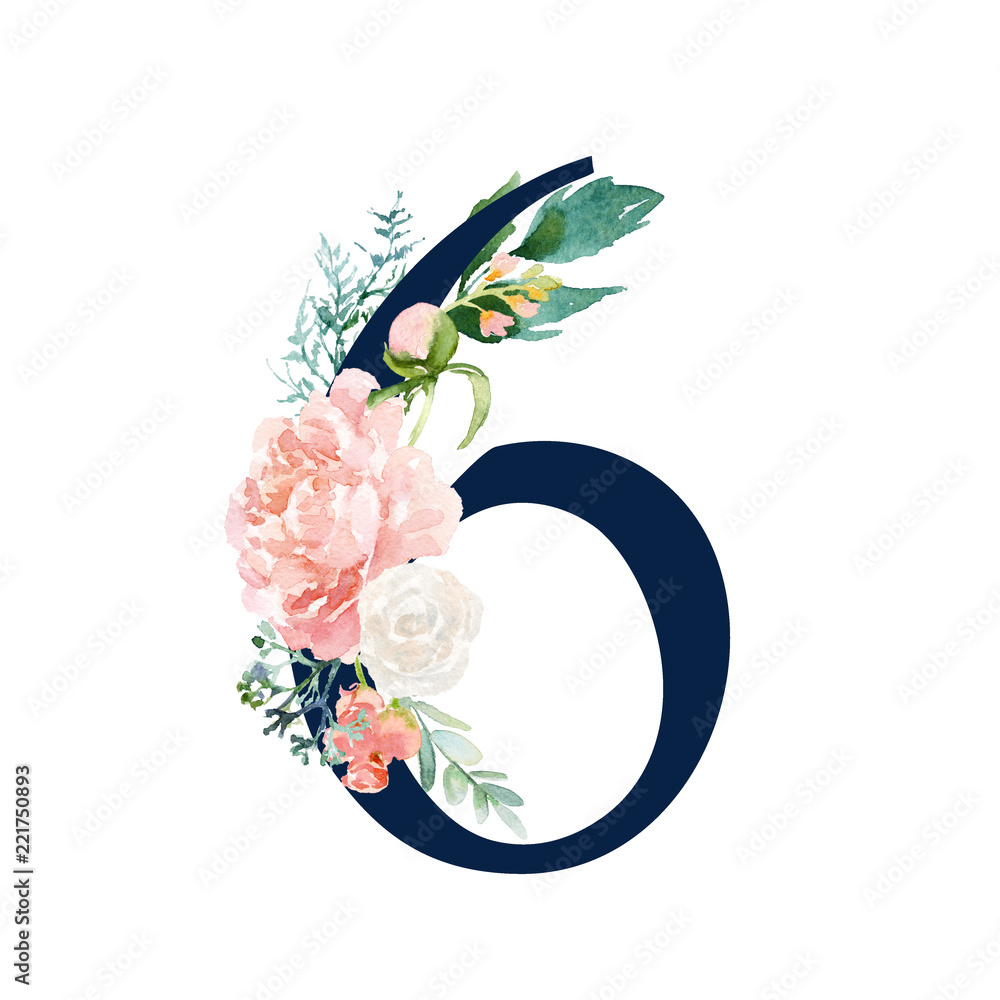 Navy Floral Number - digit 6 with flowers bouquet composition. Unique ...