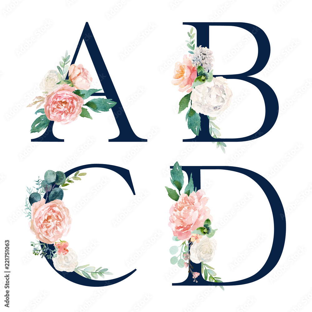 Floral Alphabet Set Set Of Navy Letters A B C D With Flowers Floral Alphabet Set Set Of Navy Letters A B C D With Flowers