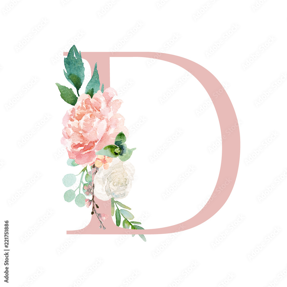 Floral Alphabet - blush / peach color letter D with flowers bouquet ...