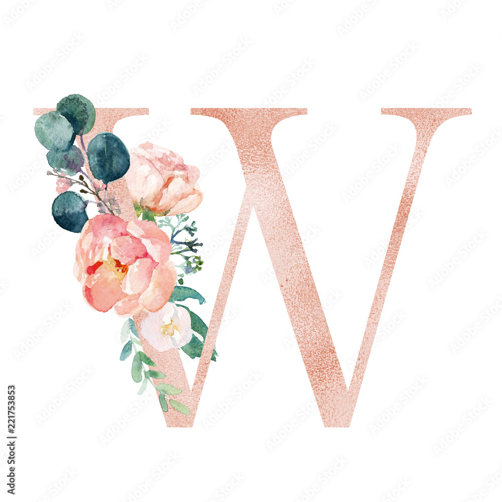 Floral Alphabet - blush / peach color letter W with flowers bouquet ...