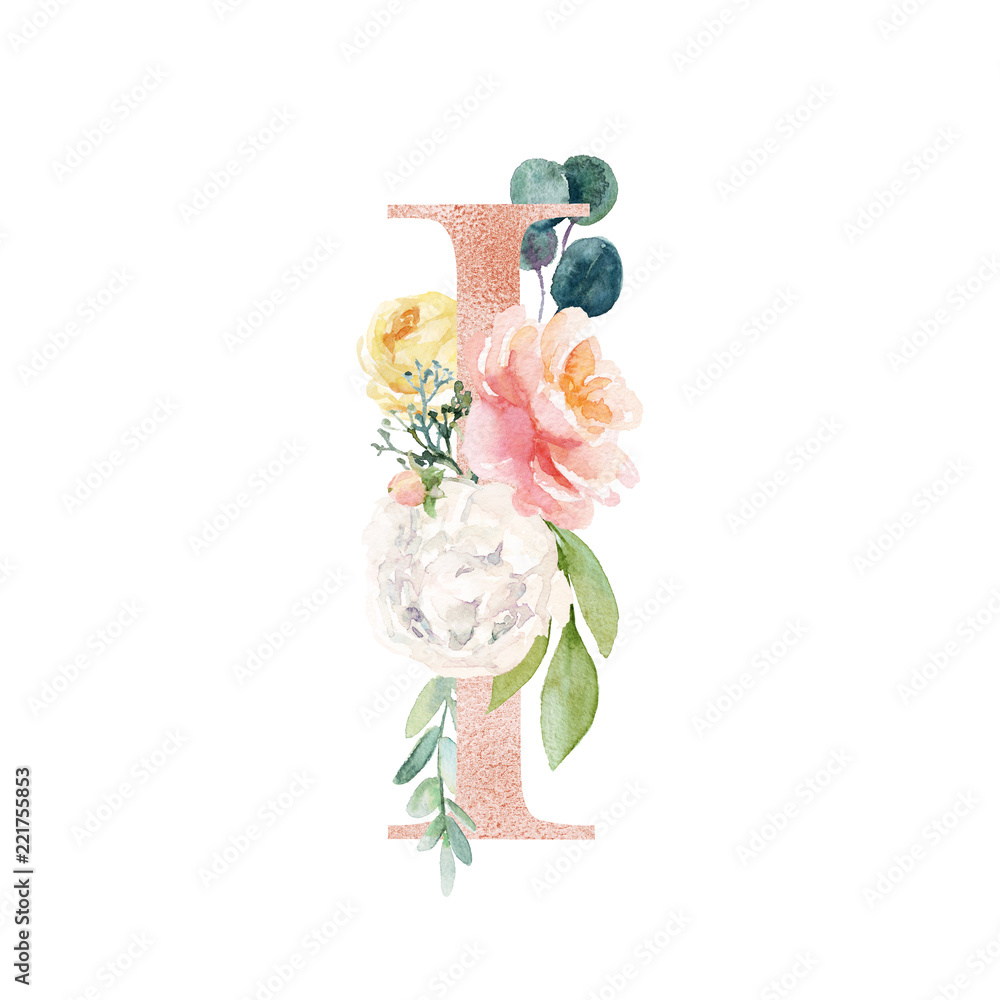 Floral Alphabet - blush / peach color letter I with flowers bouquet ...