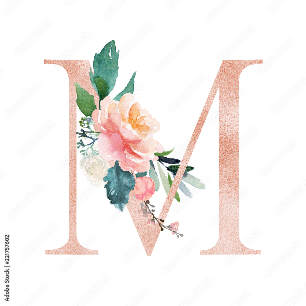 Floral Alphabet - blush / peach color letter M with flowers bouquet ...