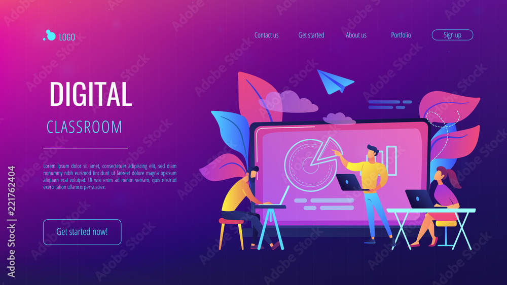 Students with laptop and lector in front of interactive board. Digital ...