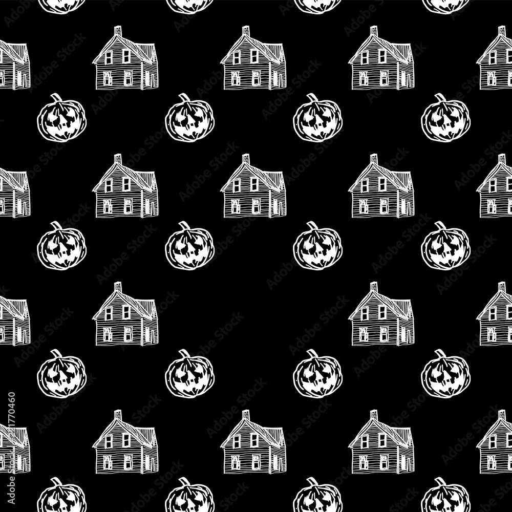 Halloween seamless pattern with haunted house and pumpkins monochrome ...