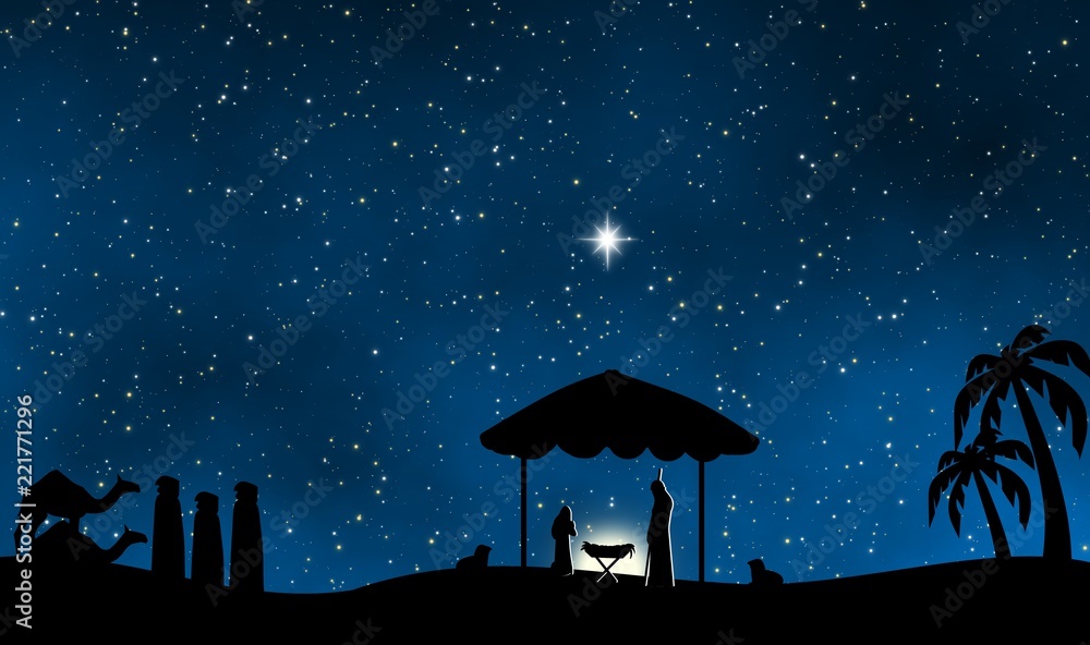 The nativity of Jesus in holy night design background Stock ...