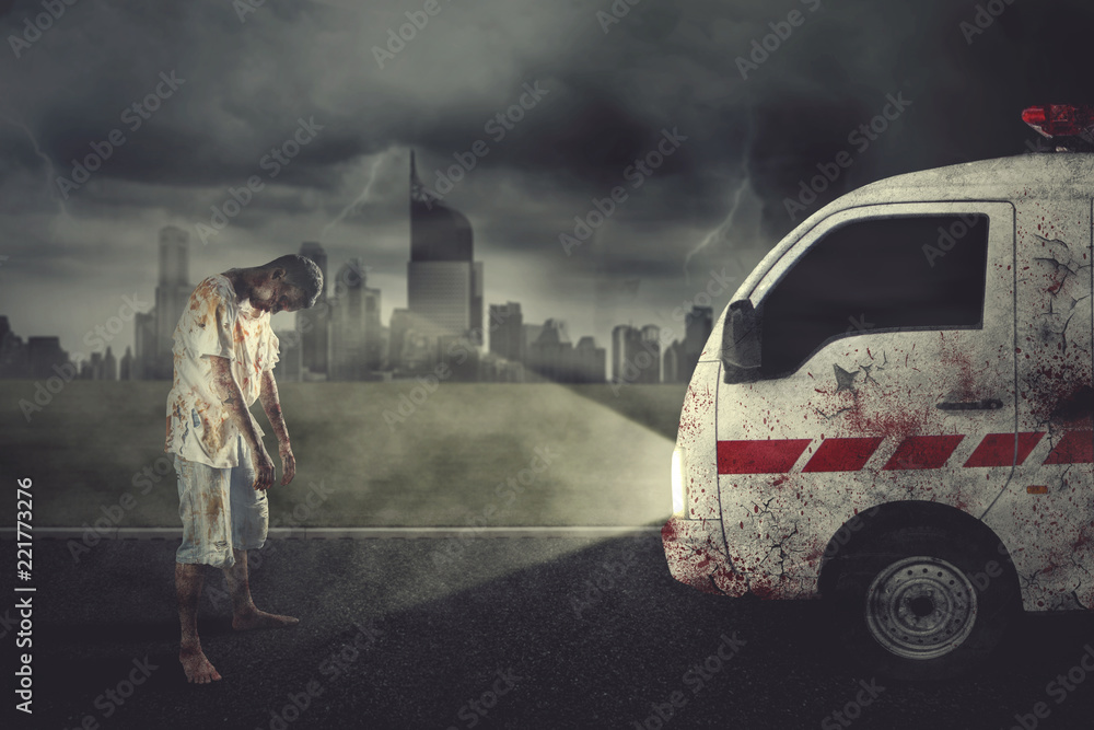 Scary male ghost stopping an ambulance car Stock Photo | Adobe Stock