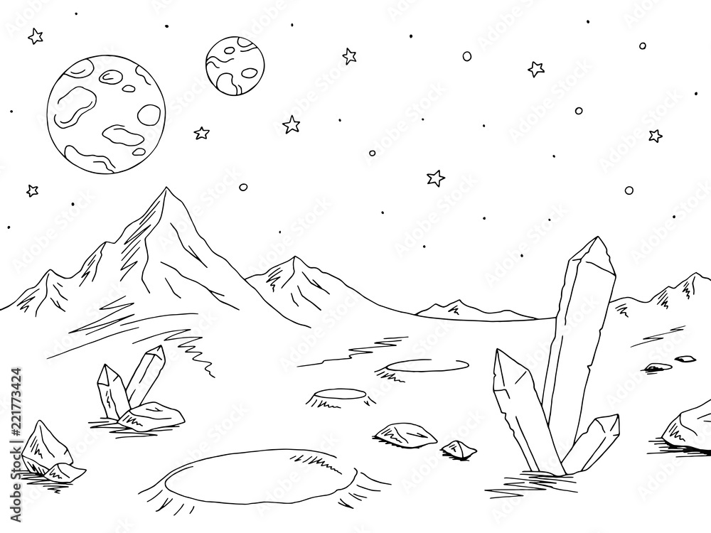 Alien planet graphic black white space landscape sketch illustration ...