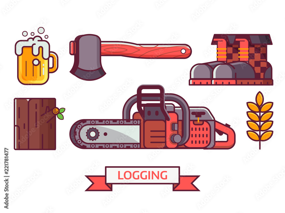 Forestry and tree surgeon icon set with lumberjack lifestyle equipment ...