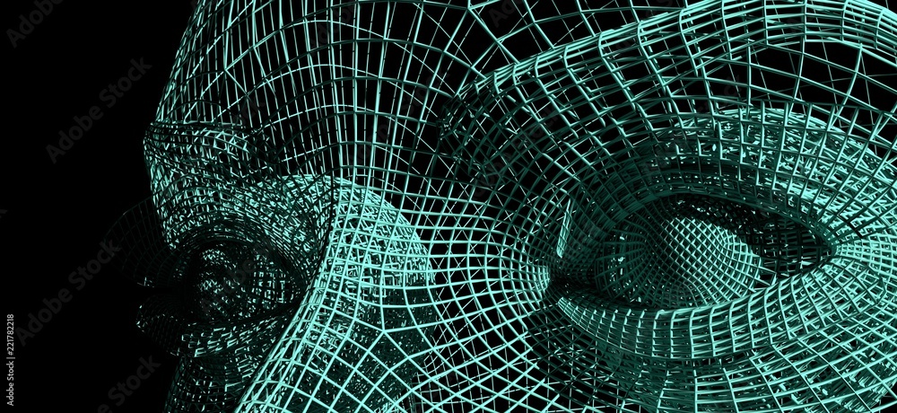 Young woman face from a 3d grid. Wire frame model. Polygonal geometric ...