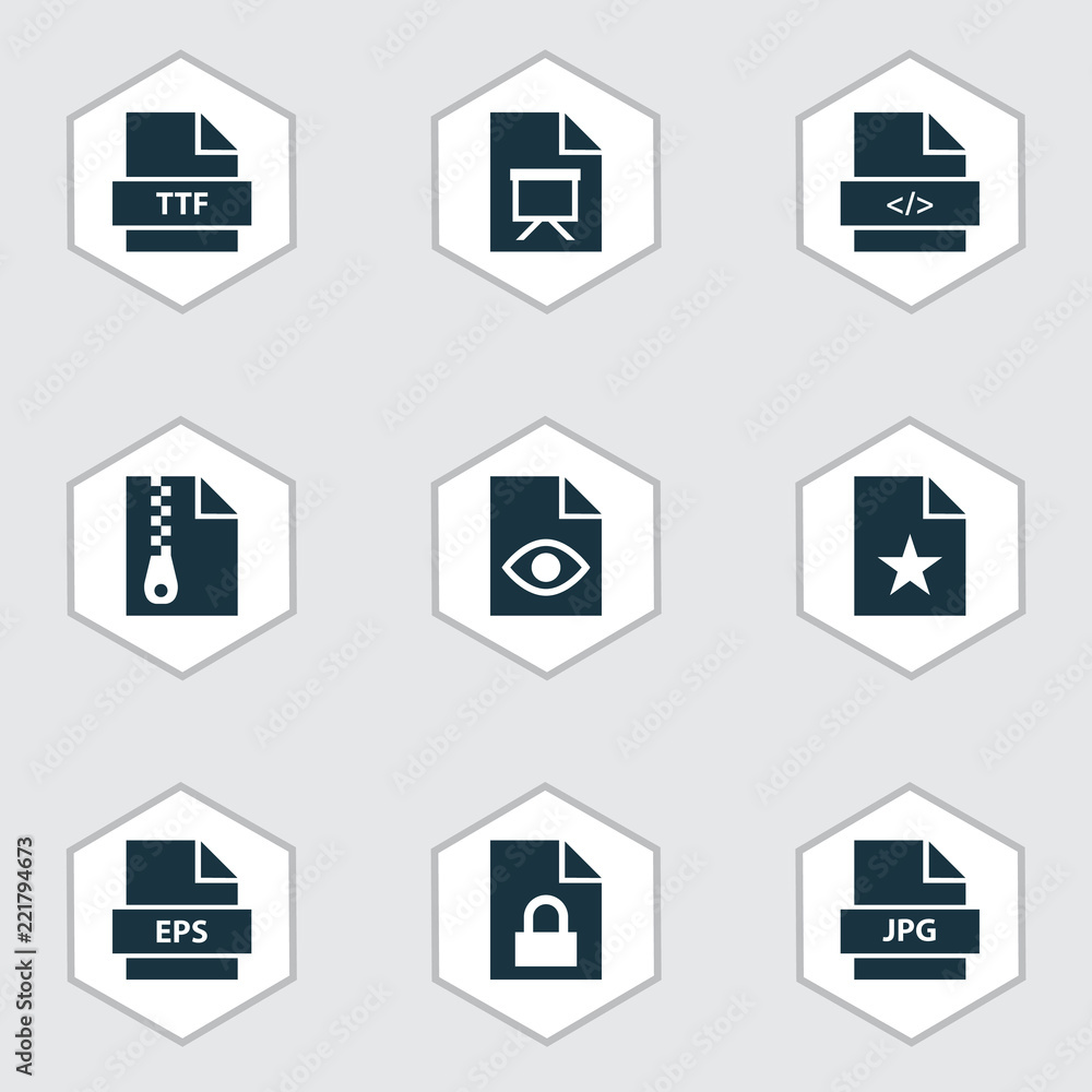 Types icons set with organize, folio, code and other special elements ...