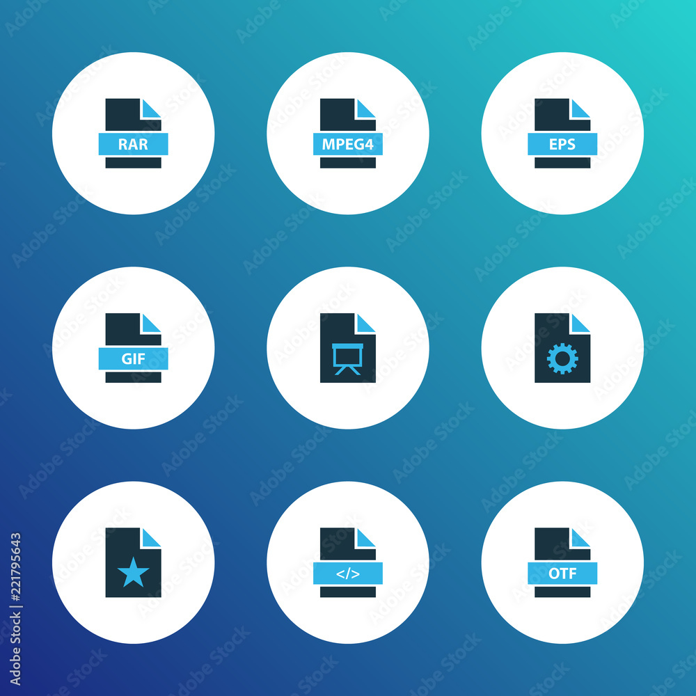 Vetor de Types icons colored set with file gif, file presentation, open ...